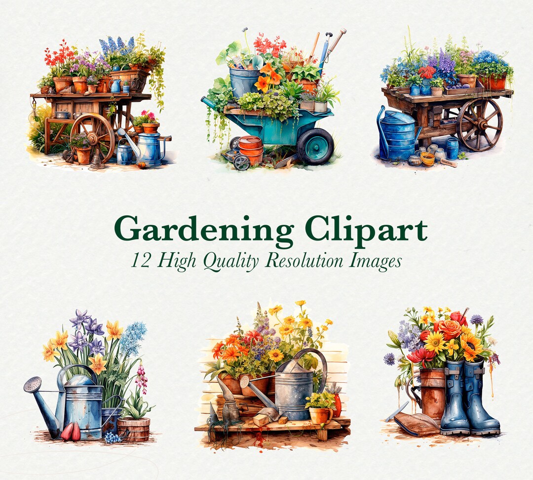 Gardening Clipart Bundle, Gardening Tools Clipart, Watercolor Gardening ...