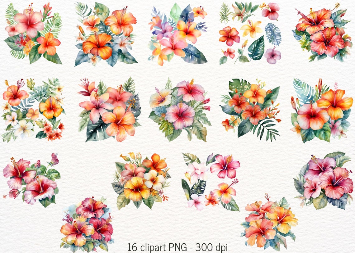 Watercolor Flower Clipart Bundle 16 PNG Files Hibiscus Floral Bouquets ...