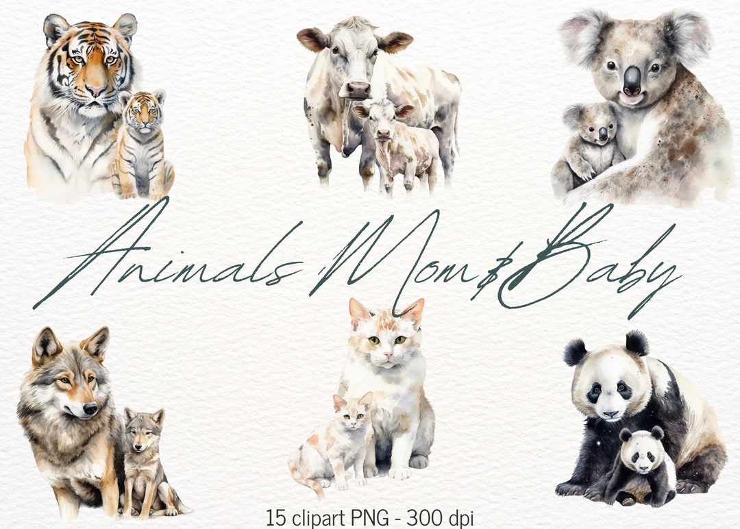 Mother and Baby Animal Clipart Bundle, Watercolor Animal Illustration ...
