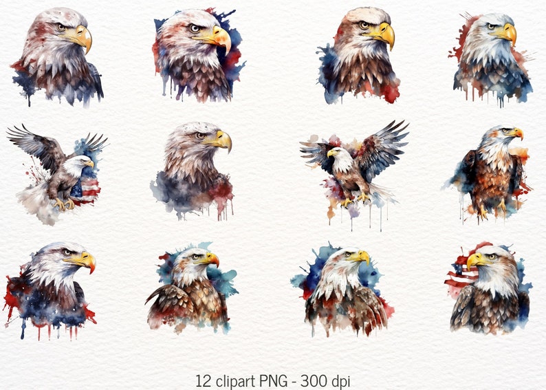 Patriotic Clipart Bundle With US Flag Watercolor Eagle Illustration ...