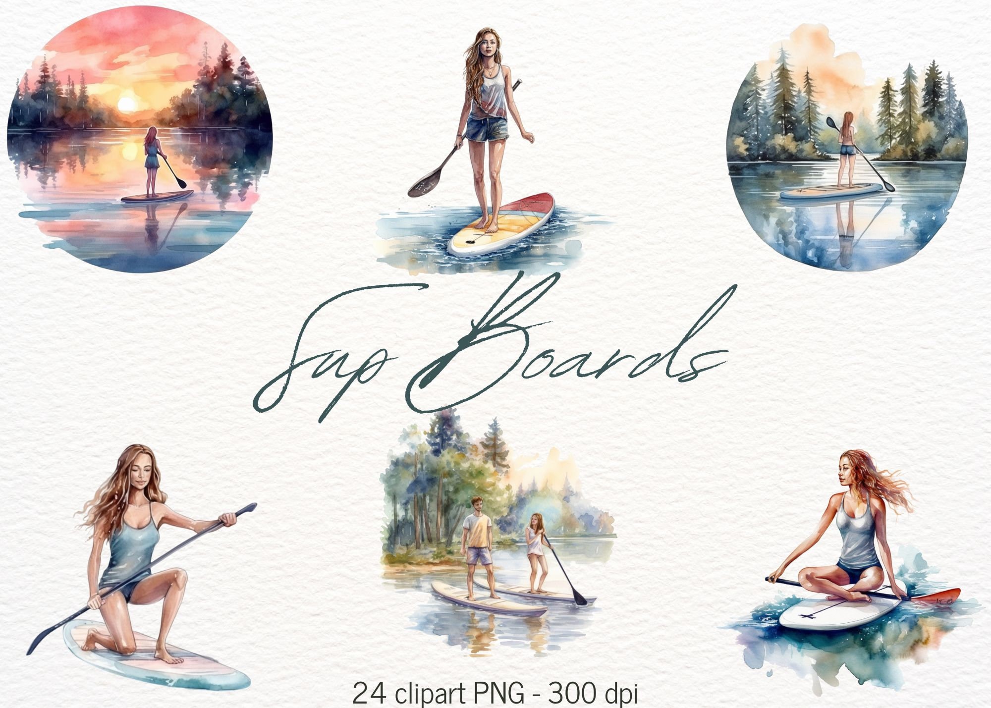 Summer Landscape Clip Art Bundle Paddle Board and Girl Camping Sup ...