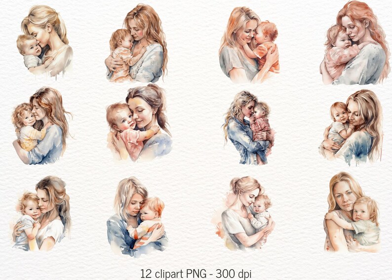 Mothers Day Clipart Bundle Watercolor Mom and Baby Transparent 12 PNG ...