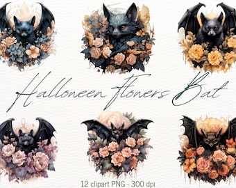 Halloween Clipart With Floral Bats Watercolor Illustration Bundle ...