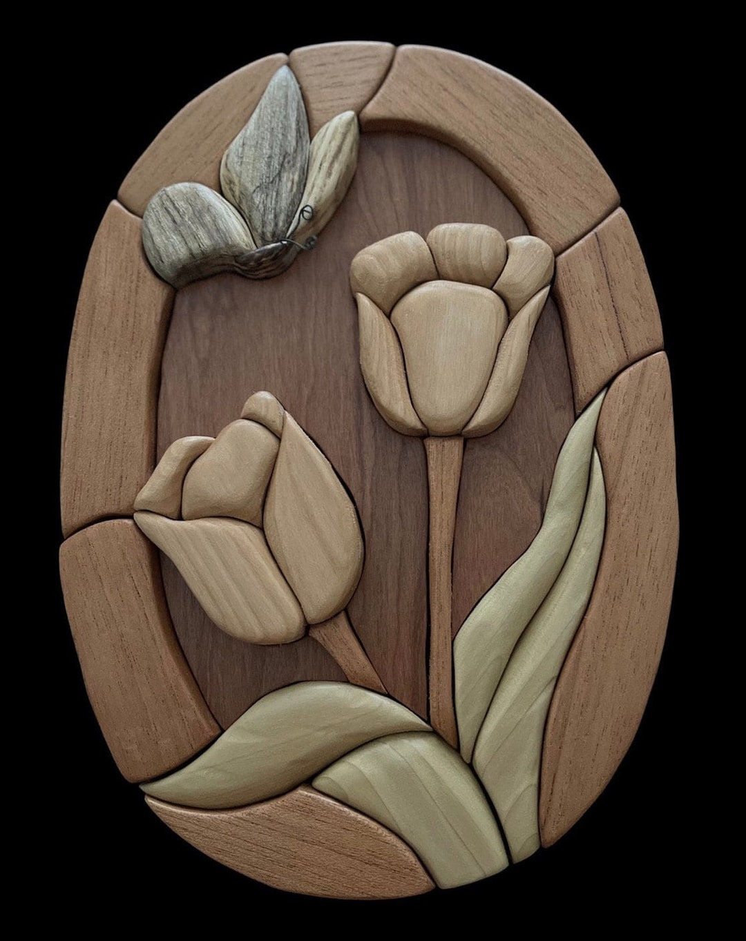 Butterfly & Tulips Wall Art, Intarsia Style, Great for Those Who Enjoy ...