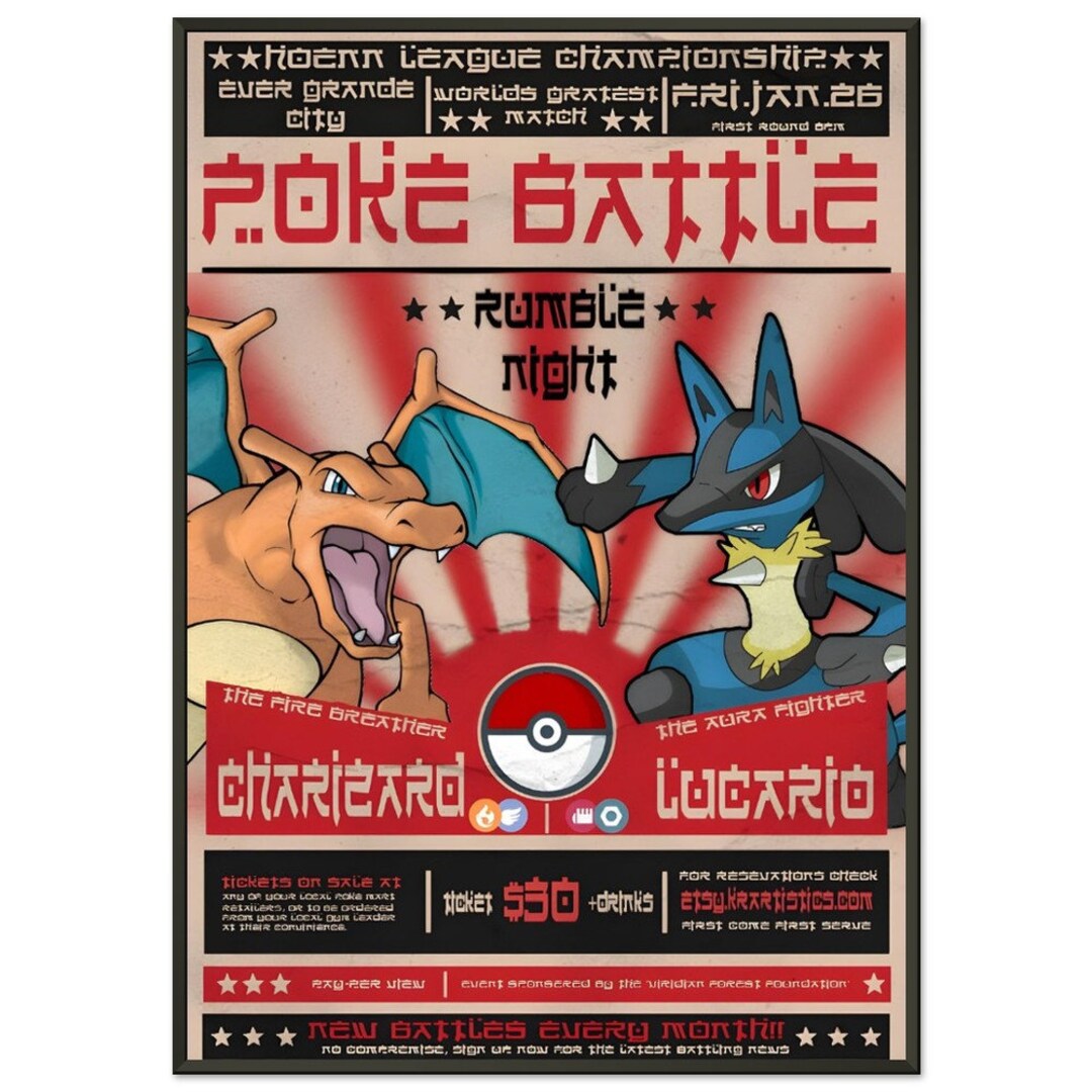 Charizard VS Lucario Pokemon Battle VS Vintage Style Advert Poster ...