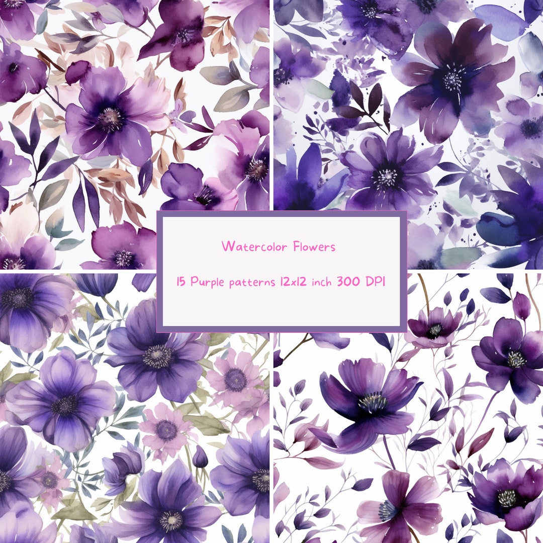 Purple Watercolor Flower Pattern, Digital Seamless Pattern, Purple ...