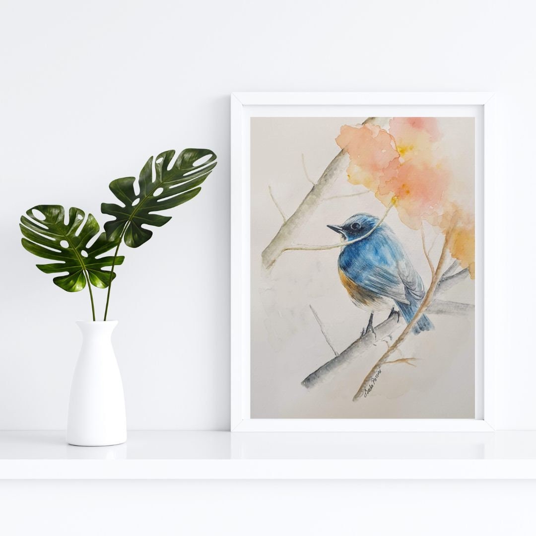 Fine Art Watercolor Blue Nightingale With Red Sides, Impressionist ...