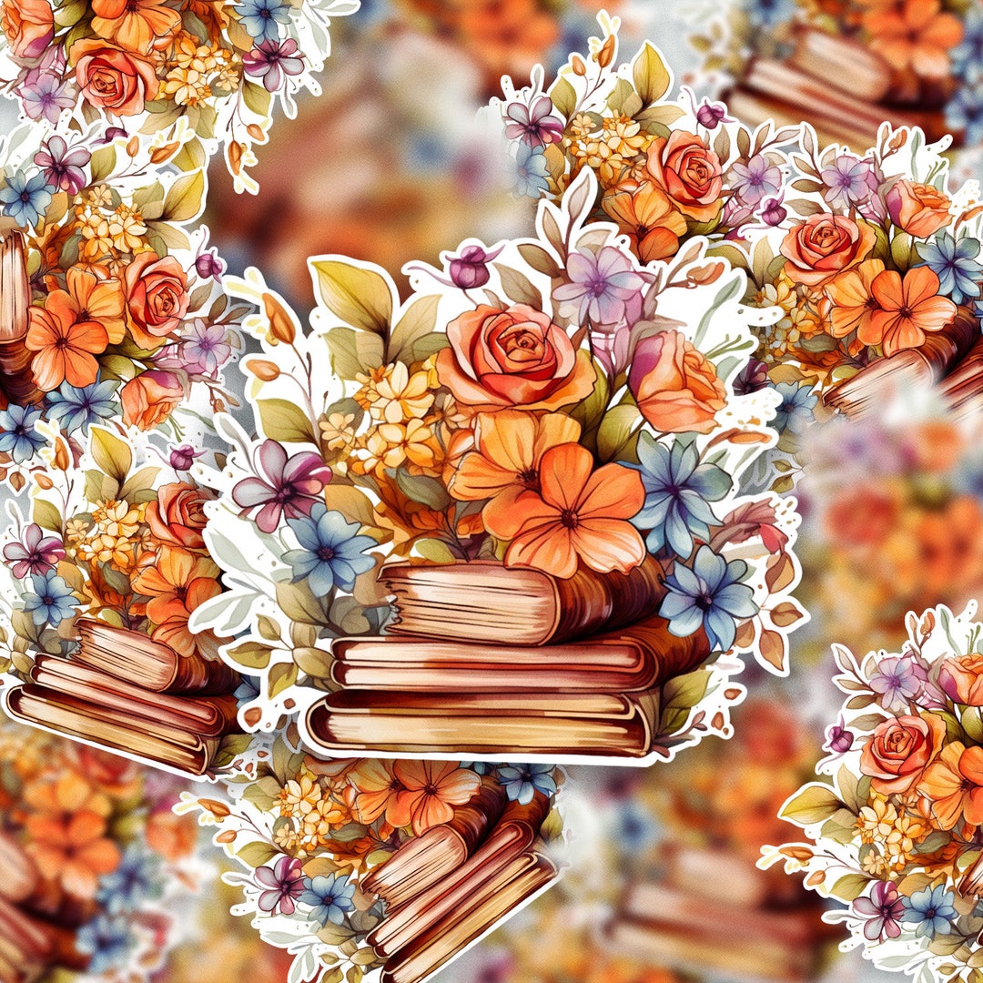 Vinyl Stickers, Colorful Book Stack With Flowers Sticker | Vibrant ...