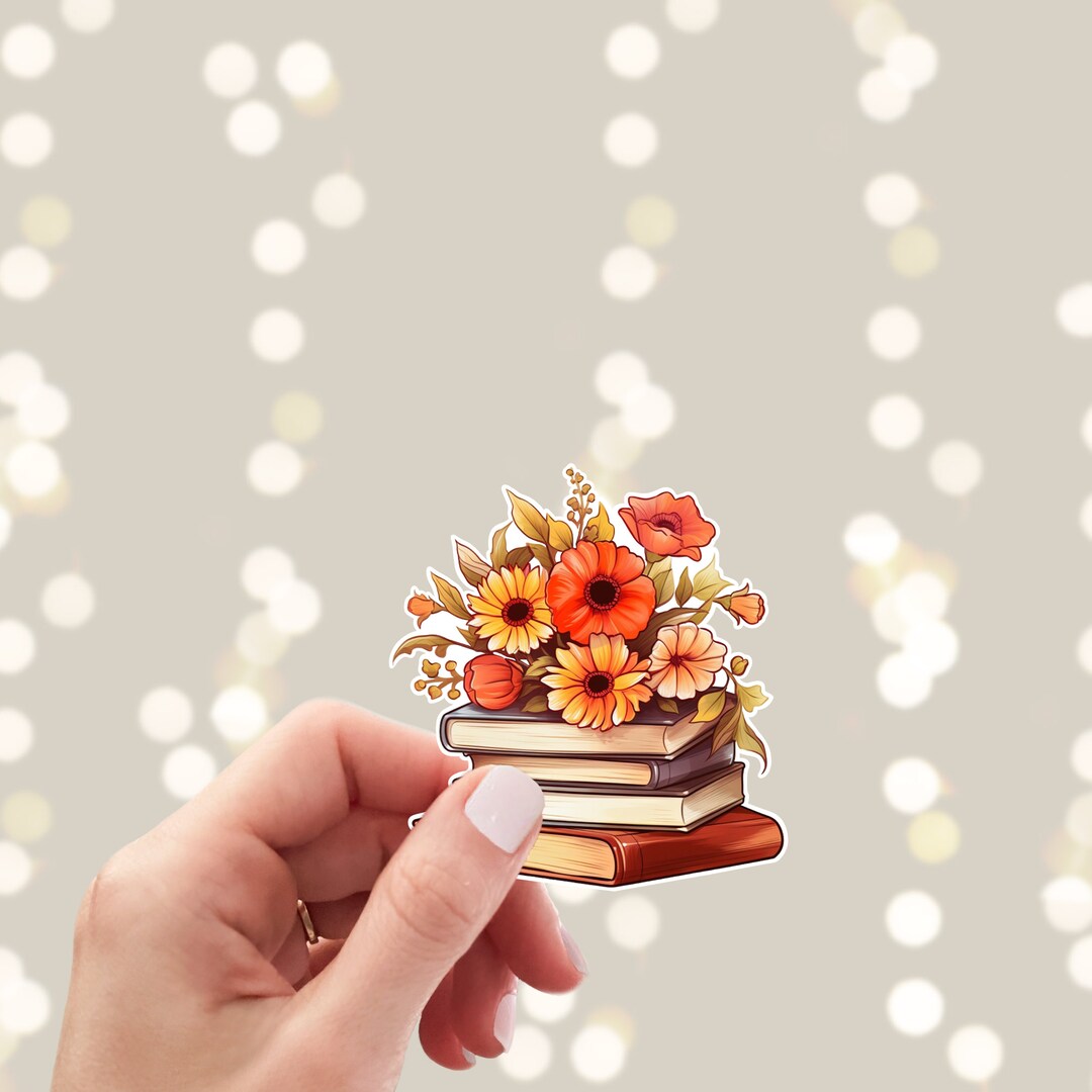 Vinyl Stickers, Beautiful Book Stack With Flowers Sticker Colorful ...