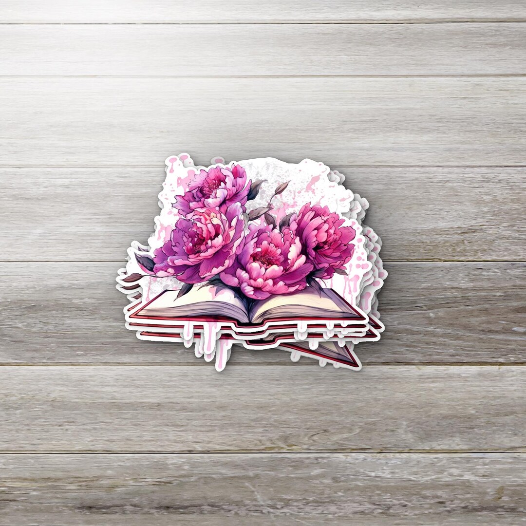 Peony Book Sticker • Blooming Pink Floral Vinyl Sticker • Book Lover ...