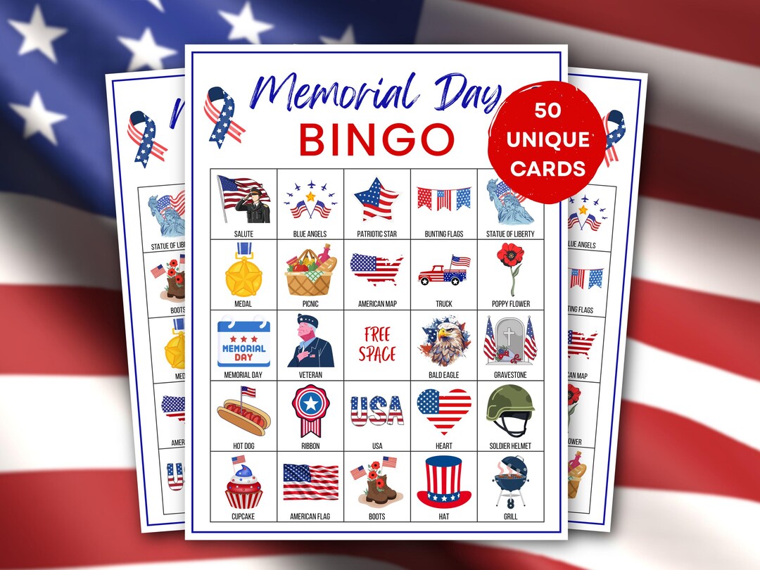 Memorial Day Bingo Game Cards, 50 Unique Cards, Patriotic Party ...
