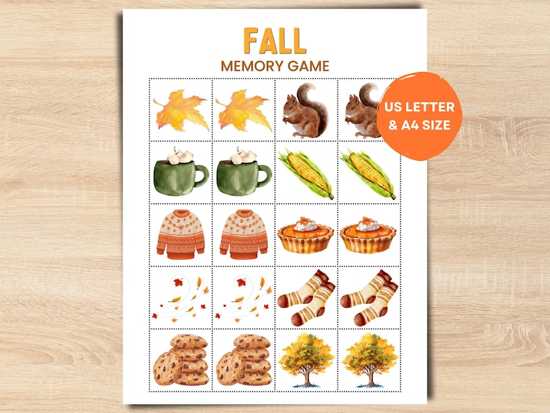 Fall Memory Matching Game Printable PDF – Fun Autumn Thanksgiving ...
