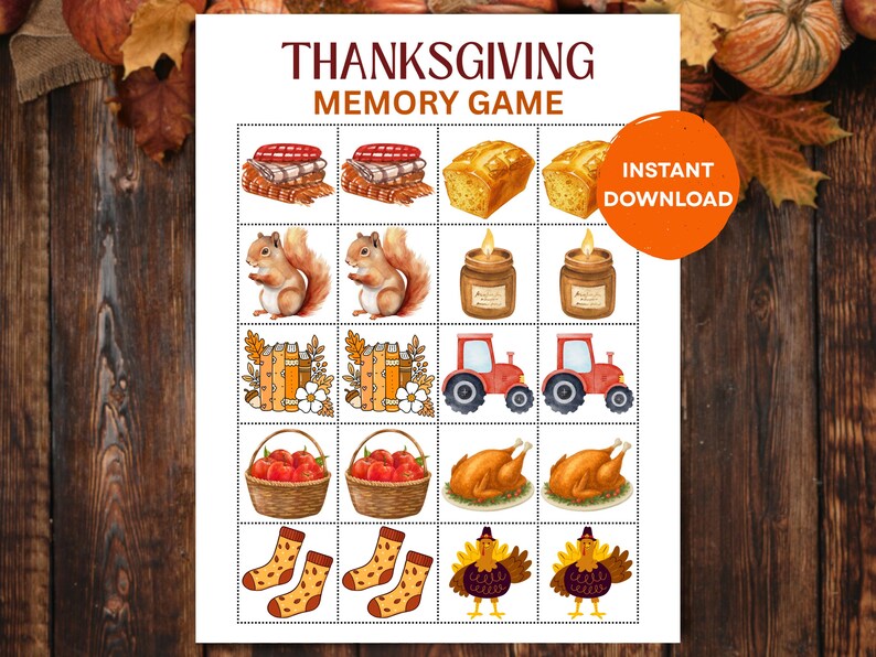 Thanksgiving Memory Matching Game, Fun Fall Activity for Kids, Memory ...