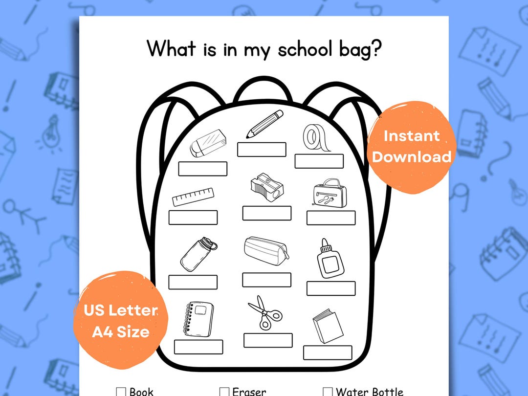 What’s in My School Bag Printable Activity, Back to School Worksheet ...