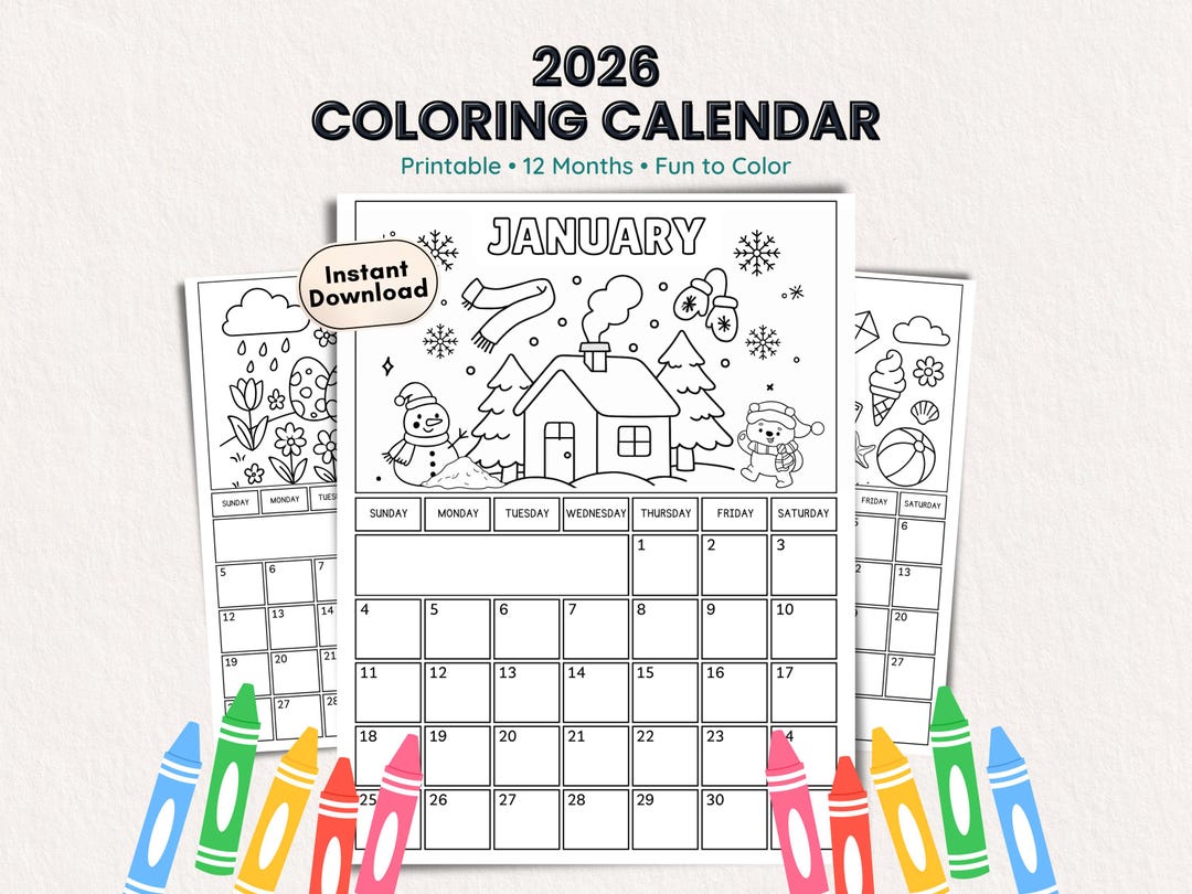 Kids Monthly Calendar 2026, Printable Calendar, 2026 Coloring Calendar ...