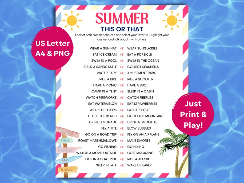 Summer This or That Game Printable | Kids Party Activity, Road Trip ...