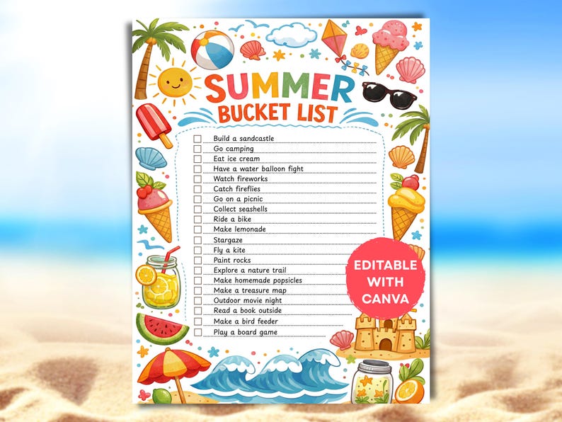 Editable Summer Bucket List Printable, Canva Template, Kids Activity ...