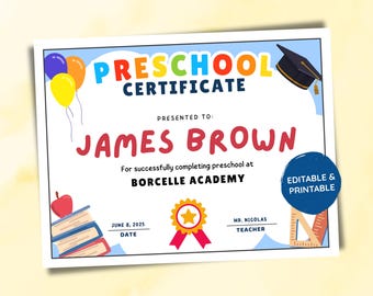 Editable Preschool Diploma, Printable Preschool Diploma, Graduation ...