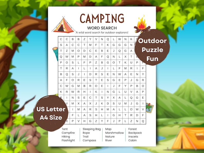 Camping Word Search Puzzle Printable for Kids | Fun Outdoor Activity ...