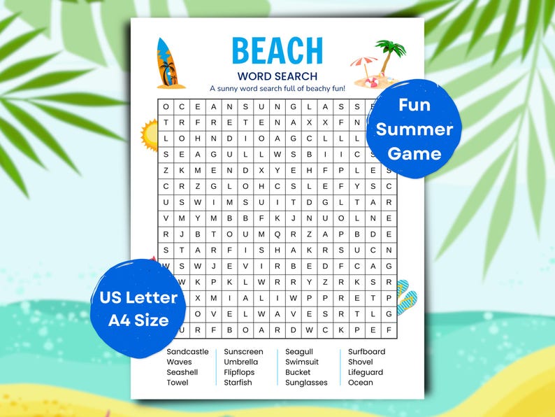 Beach Word Search, Beach Word Puzzle Game, Summer Word Search ...