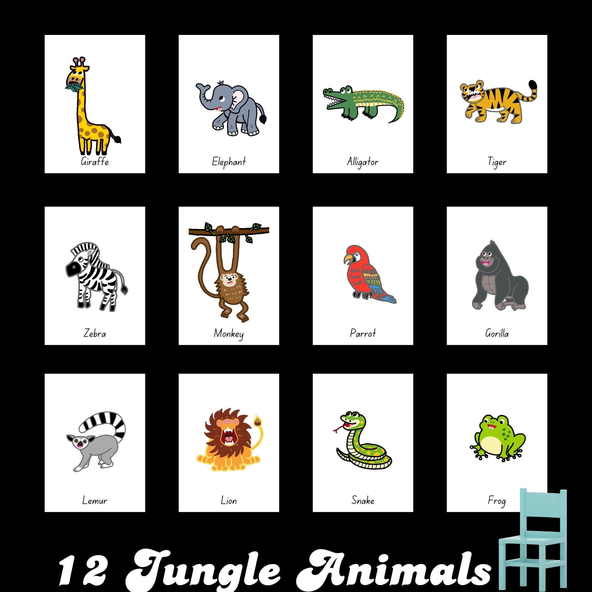 Digital Printable 12 Jungle Animal Posters hand-drawn Animal Art for ...