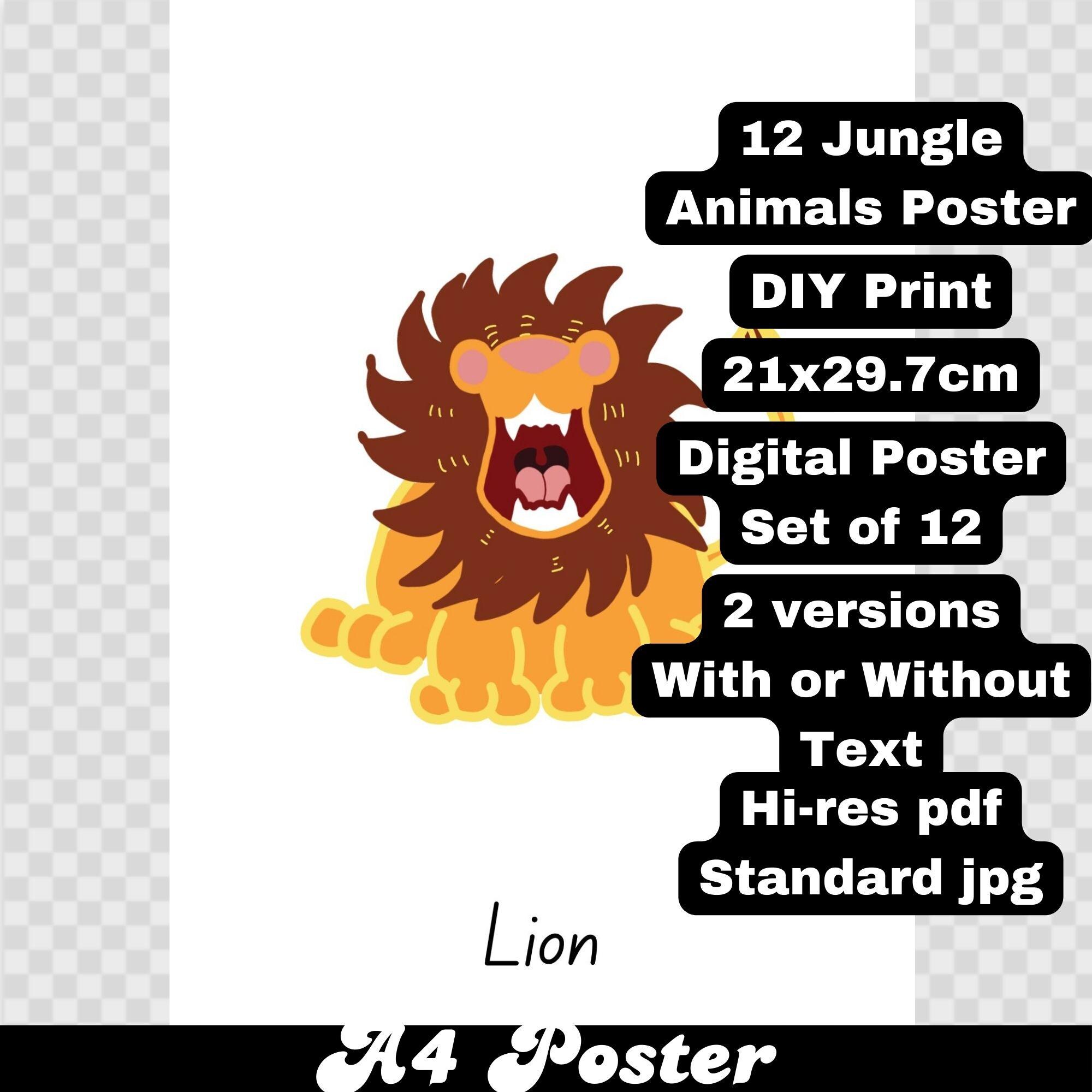 Digital Printable 12 Jungle Animal Posters hand-drawn Animal Art for ...