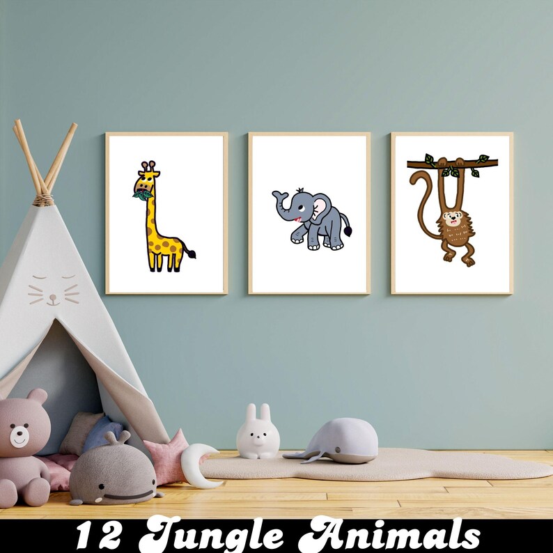 Digital Printable 12 Jungle Animal Posters hand-drawn Animal Art for ...