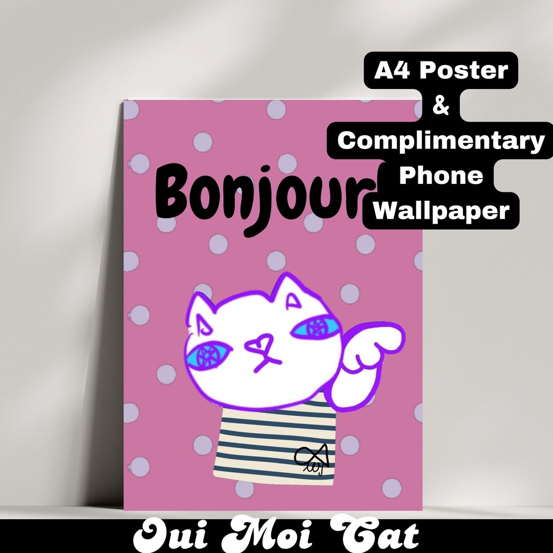 Digital Oui Moi Cute French Cat Printable Poster Whimsical Hand-drawn ...