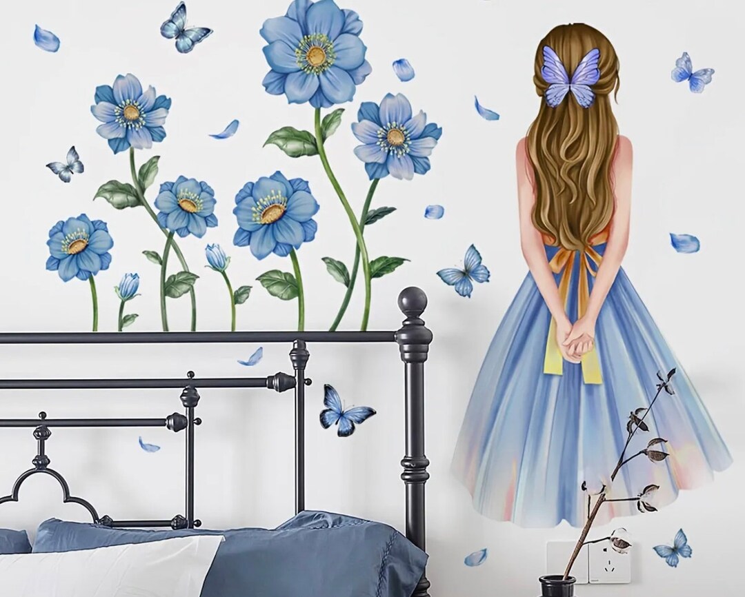 Butterfly Girl Wall Decal Flower Fairy Wall Decal Blue Floral - Etsy
