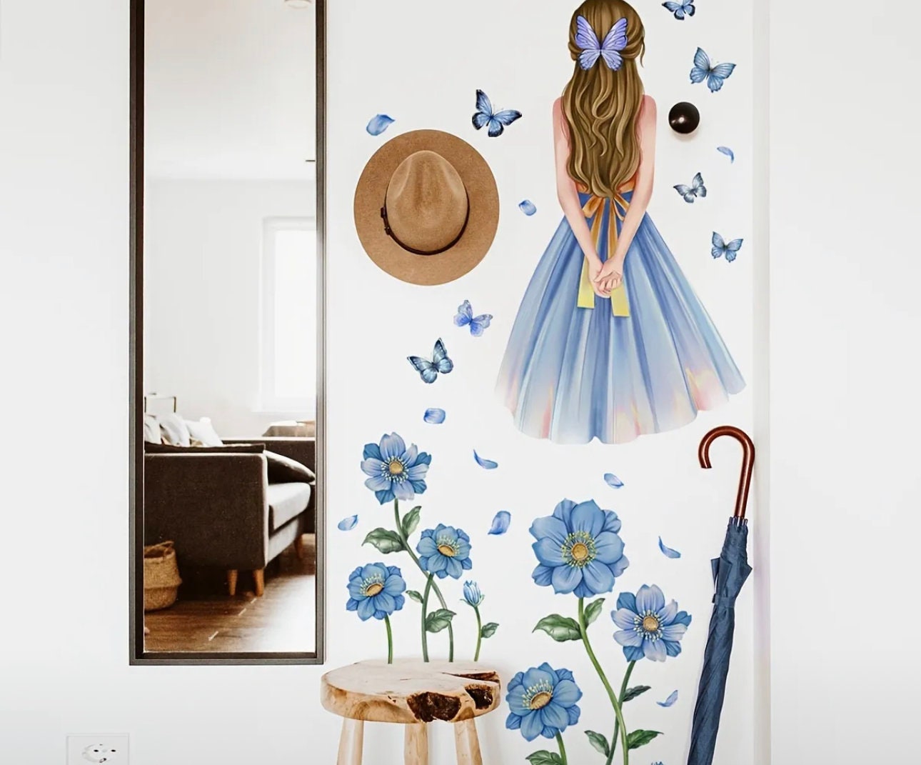 Butterfly Girl Wall Decal Flower Fairy Wall Decal Blue Floral - Etsy