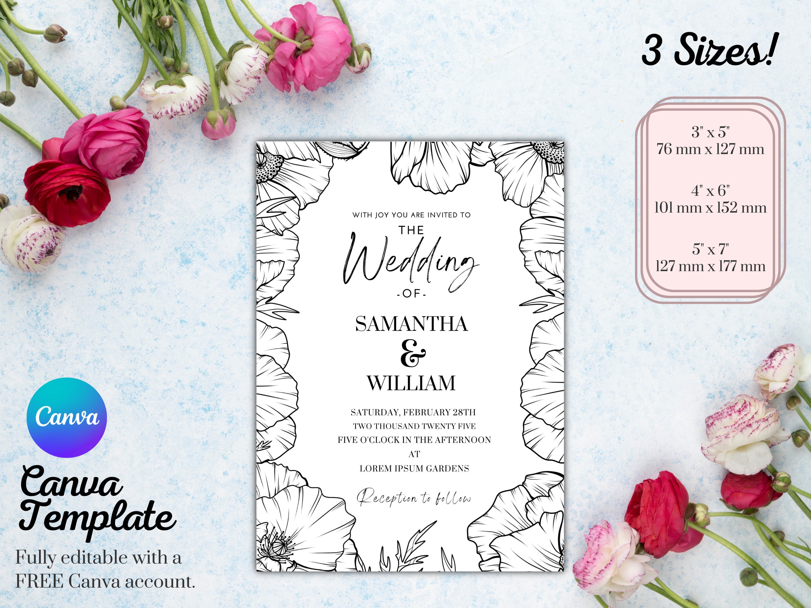 Floral Wedding Invitation Template - Canva Template - Editable Wedding ...