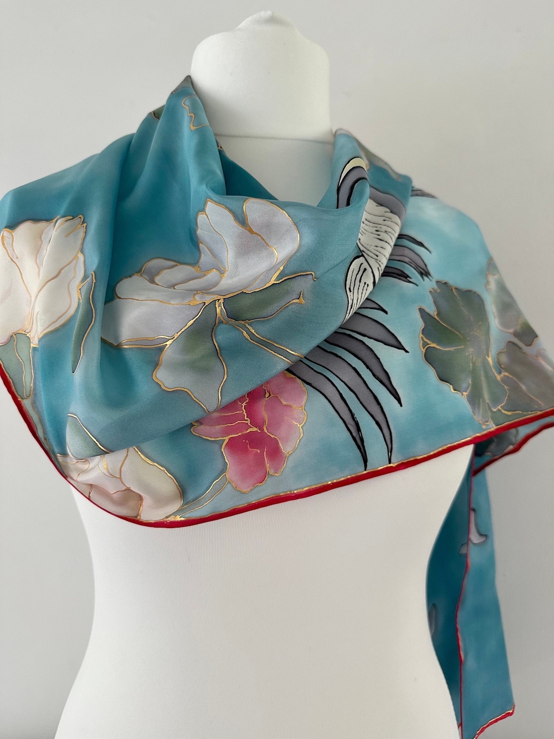 Japanese Teal Green Scarf, Crane Bird With Flowers, Hand Painted Long ...