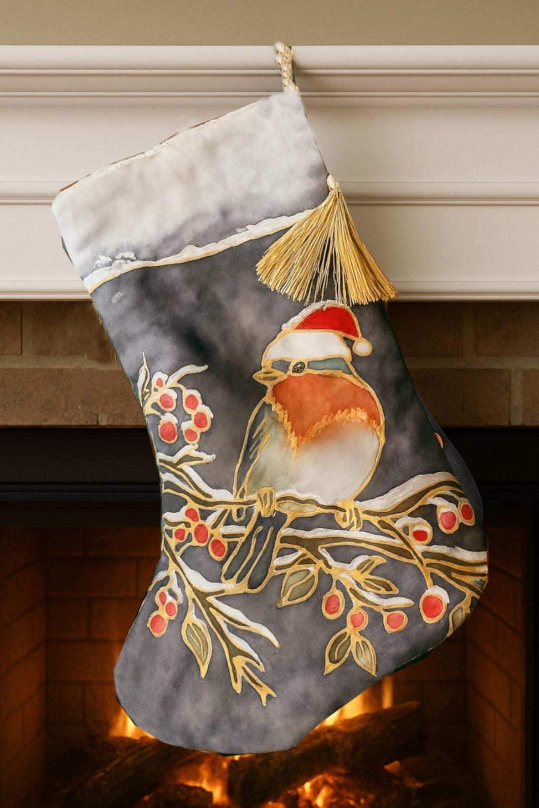 Robin / Berries Christmas Stocking Silk Painting Kit. | Outlined in ...