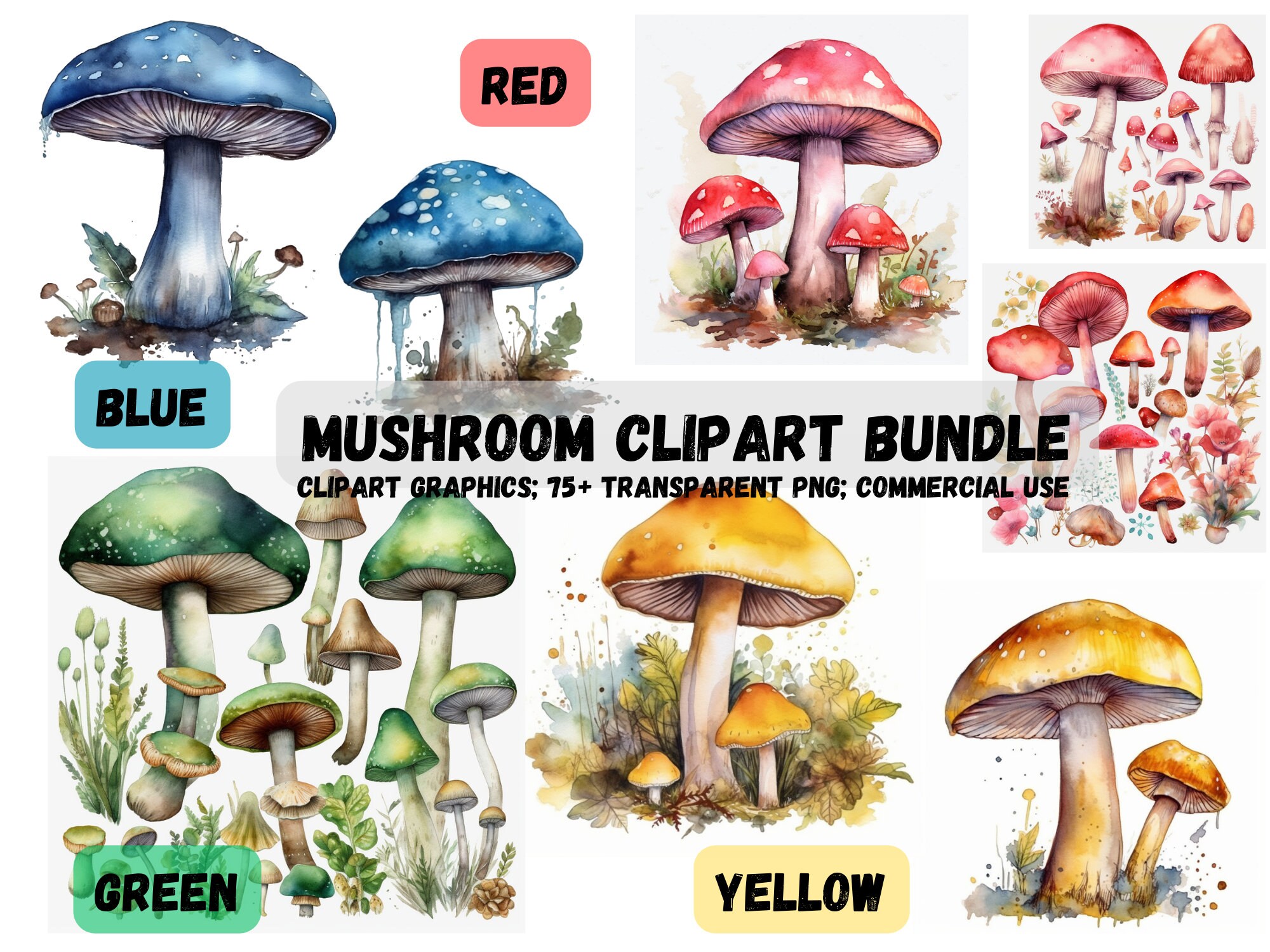 Watercolor Mushrooms Clipart Bundle red, Green, Blue, Yellow Clip Art ...