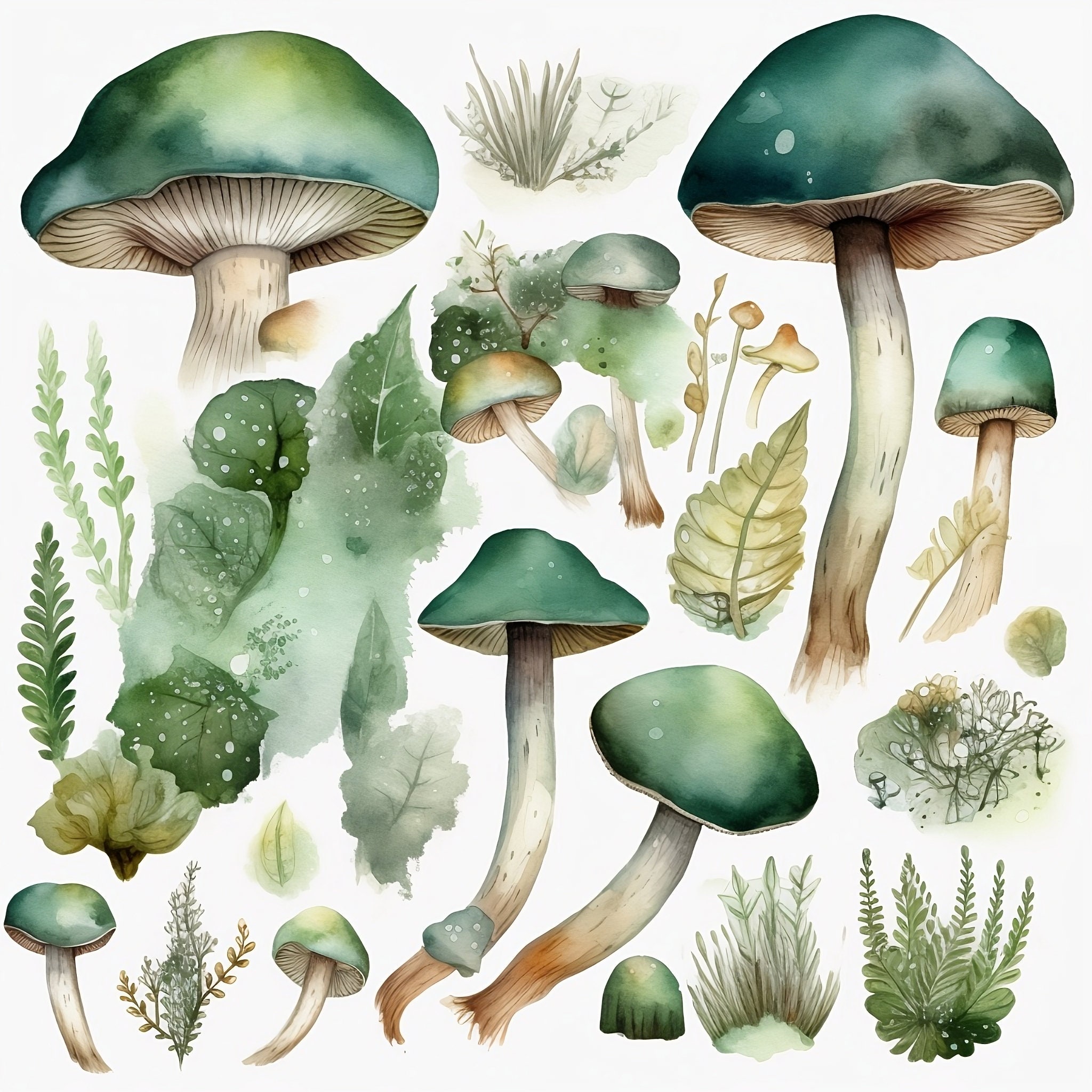 Green Watercolor Mushrooms Clipart - Clip Art PNG Format; Instant ...