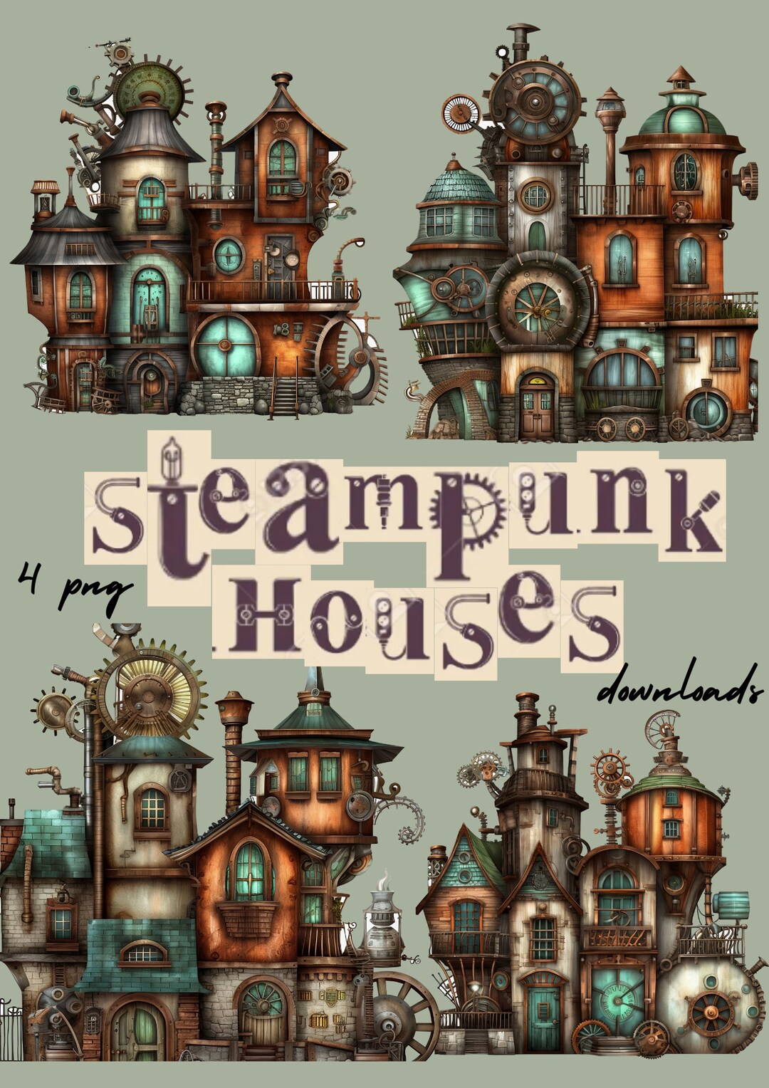 Steampunk Houses Clipart - 4 High-qualtity Pngs - Digital Download ...