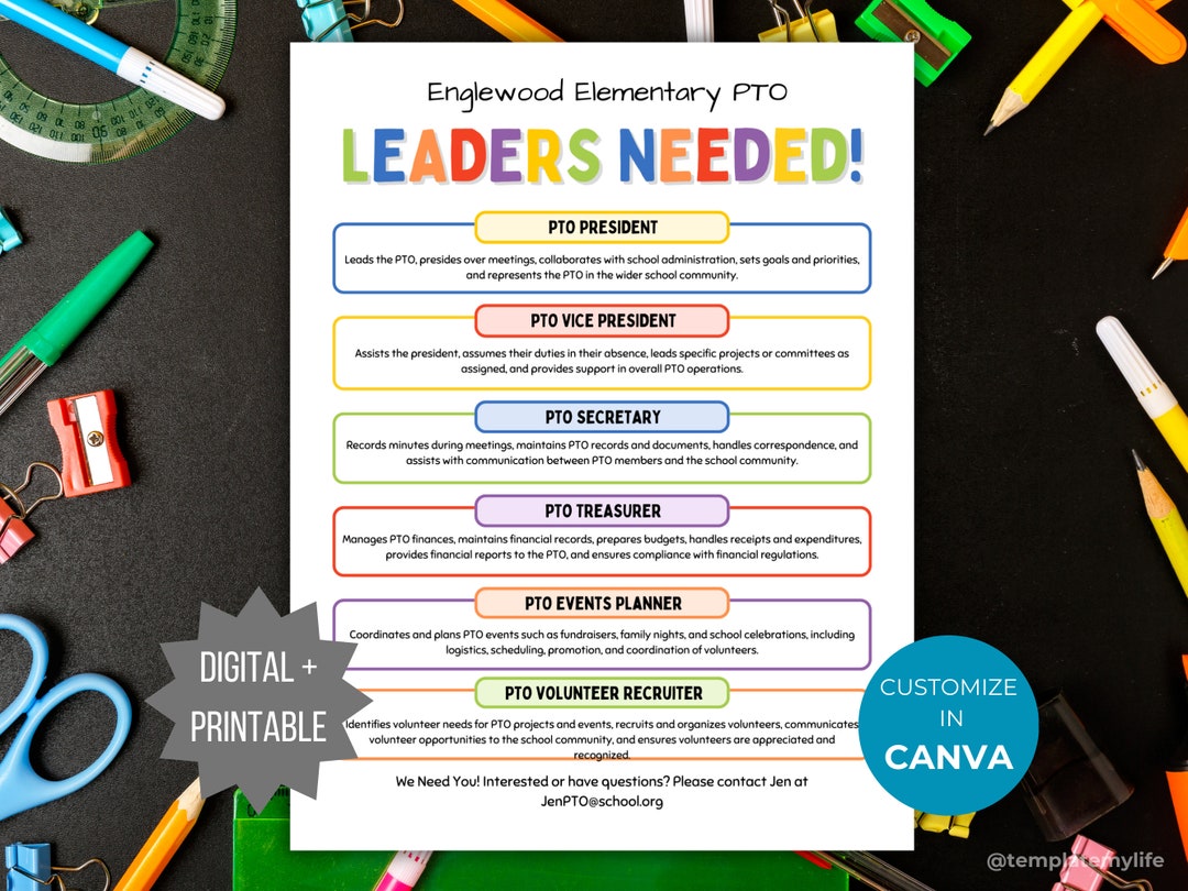 PTA PTO Election Position Flyer PTA Board Leader Description Template ...