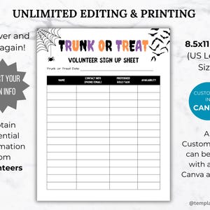 Trunk or Treat Flyer Template PTO Volunteer Sign up Sheet Halloween ...