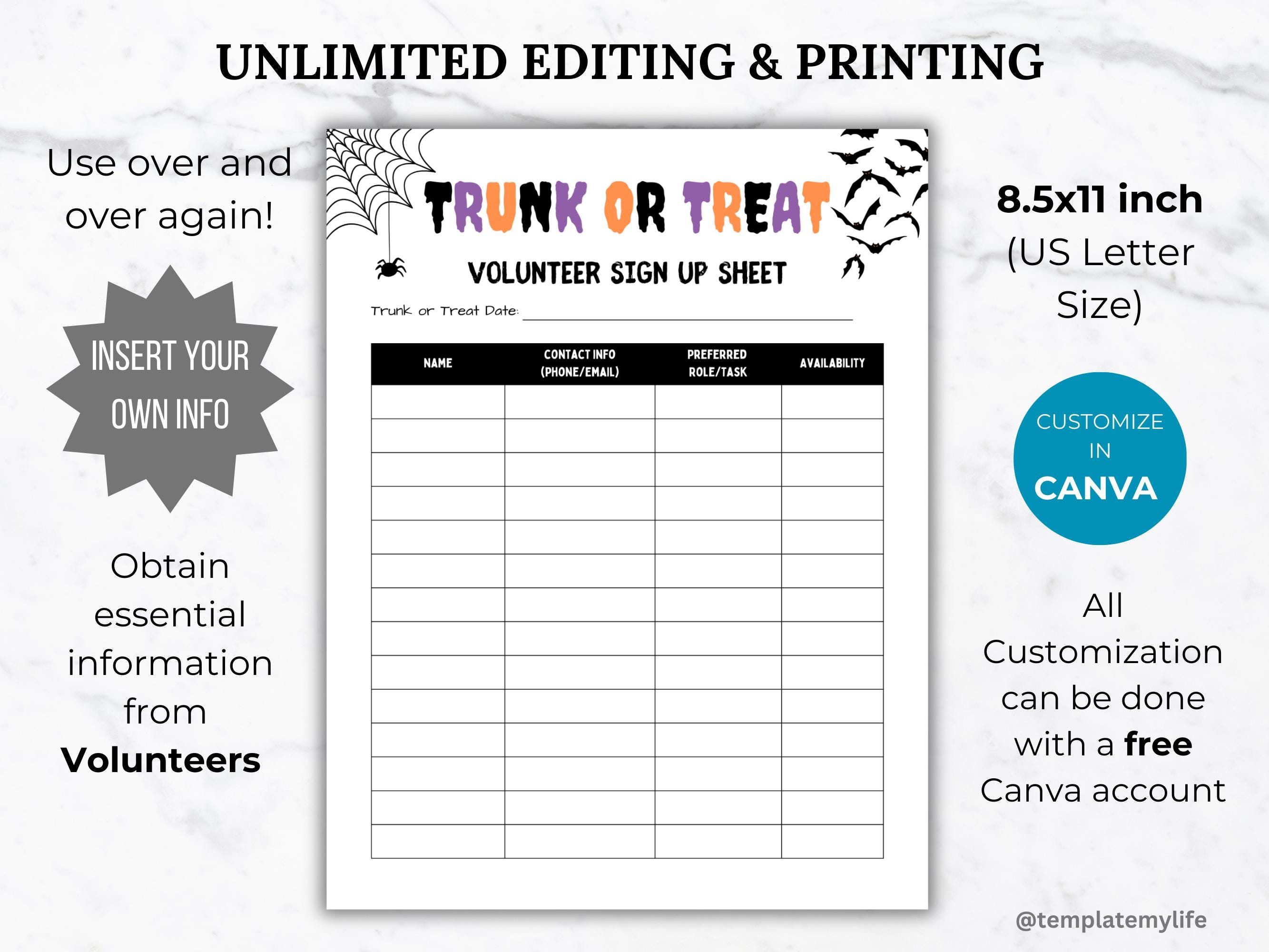 Trunk or Treat Flyer Template PTO Volunteer Sign up Sheet Halloween ...
