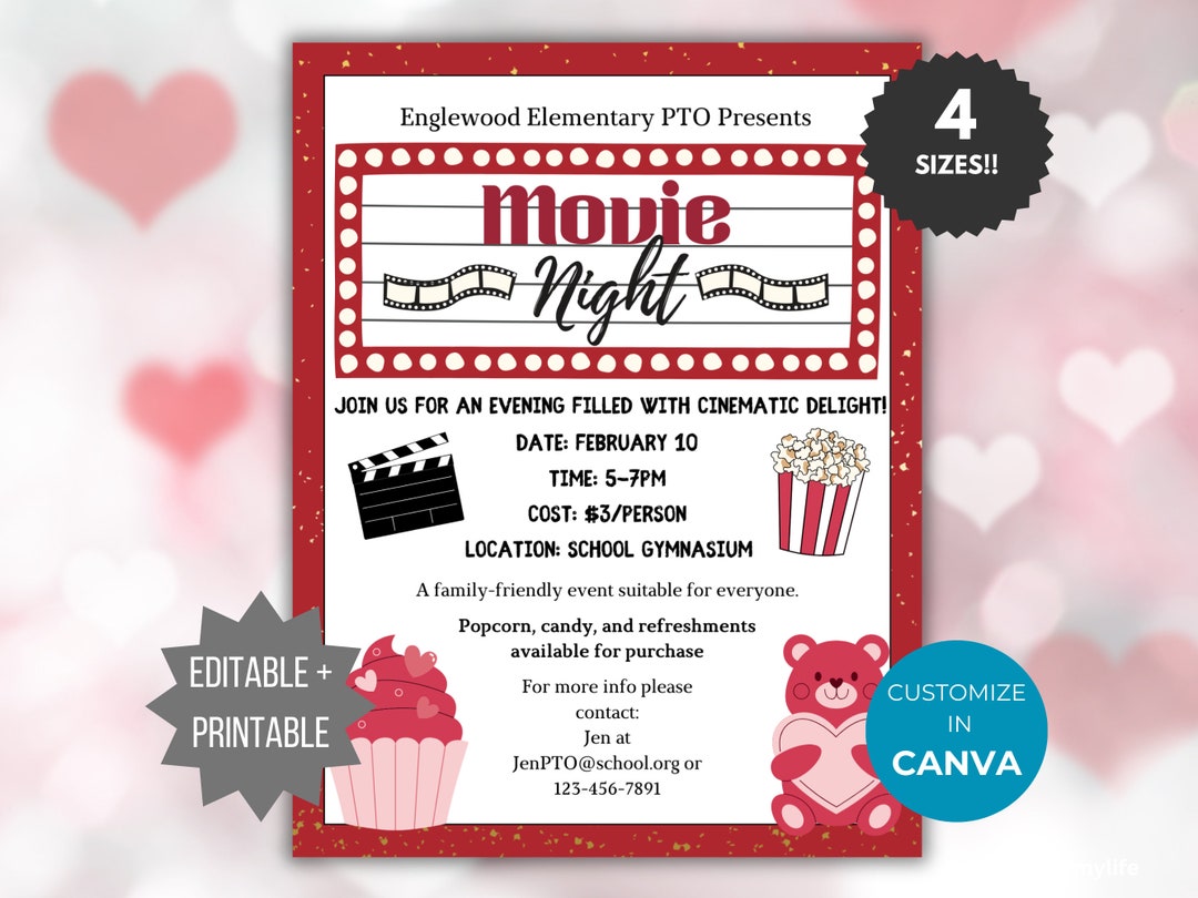 Valentines Movie Night Invitation PTO Template School Fundraiser PTA ...