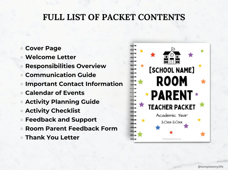 PTA PTO Room Parent Program Teacher Information Packet Template Class ...