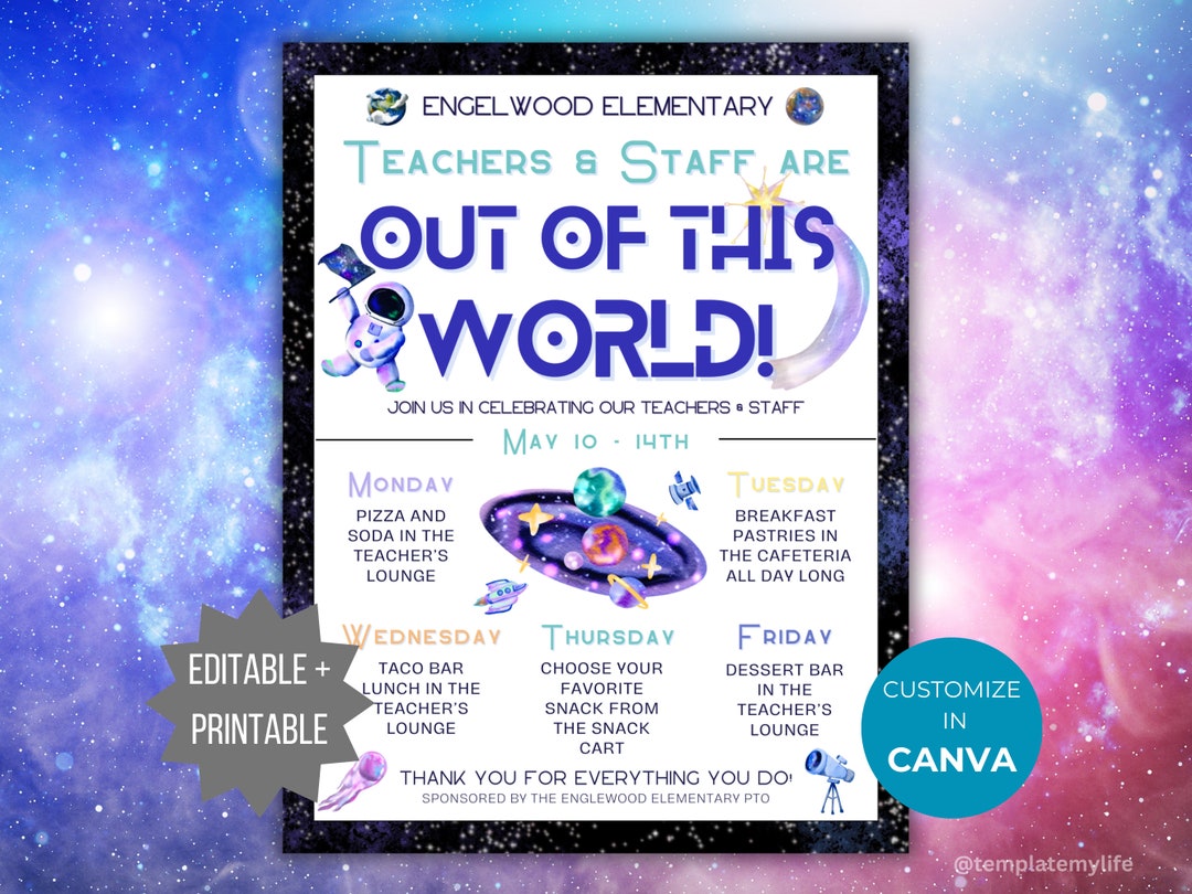 Teacher and Staff Appreciation Week Flyer Template Space Themed School ...