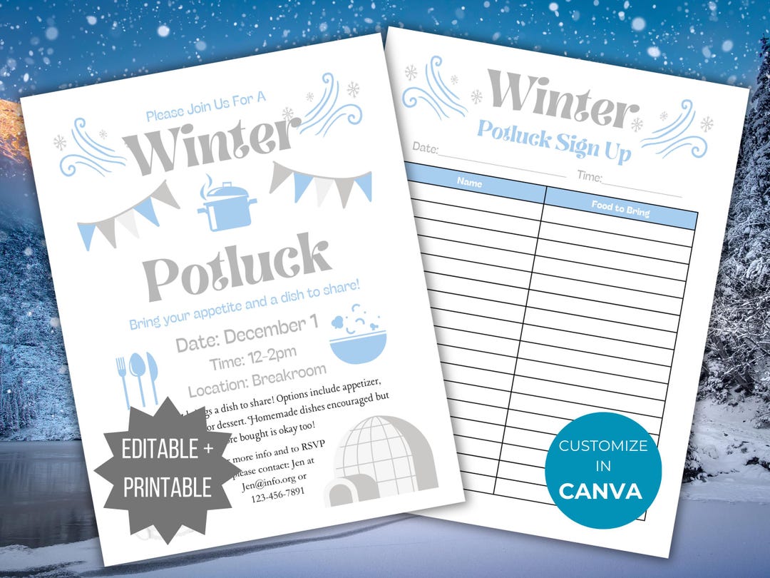 Wintertime Potluck Invite Potluck Sign up Sheet Template Bundle Winter ...