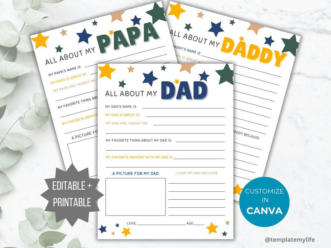 All About My Dad Printable Fathers Day Gift Idea Dad Thank You Gift ...