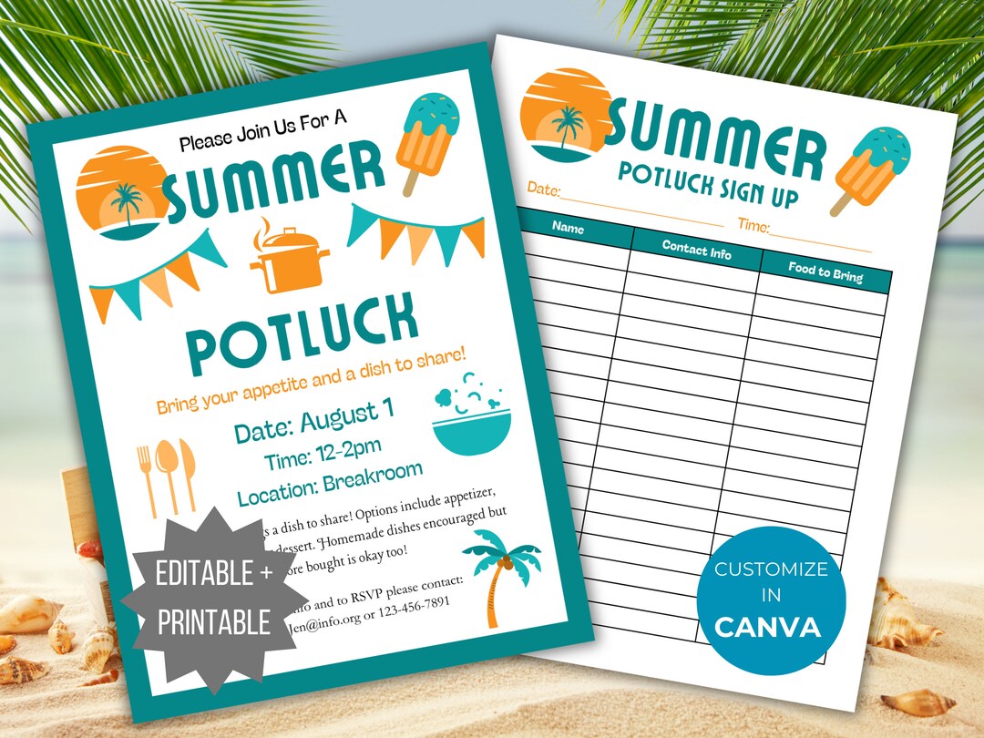 Summer Potluck Flyer Template Potluck Sign up Sheet Neighborhood Party ...