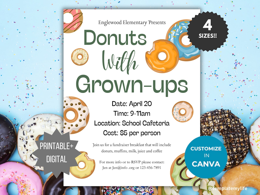 Editable Donuts With Grownups Flyer Invite Breakfast Brunch PTA Flyer ...