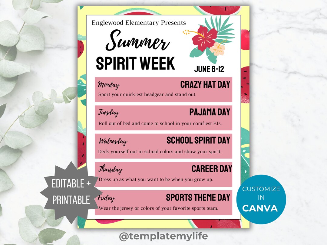 Summer Spirit Week Flyer Printable Office Spirit Week Template Summer ...