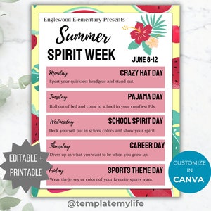 Summer Spirit Week Flyer Printable Office Spirit Week Template Summer ...