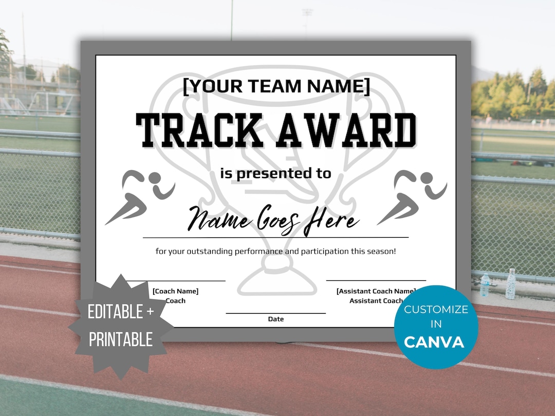 Editable Track Award Certificate Template Team Player Participation ...