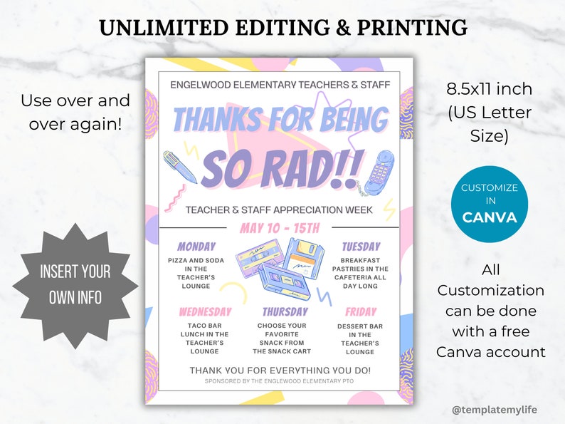 90s Theme Teacher Appreciation Week Flyer PTO School Event Staff ...